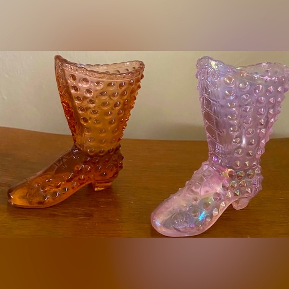 Fenton | Other | Fenton Hobnail Boots Pink Carnival Glass Amber | Poshmark